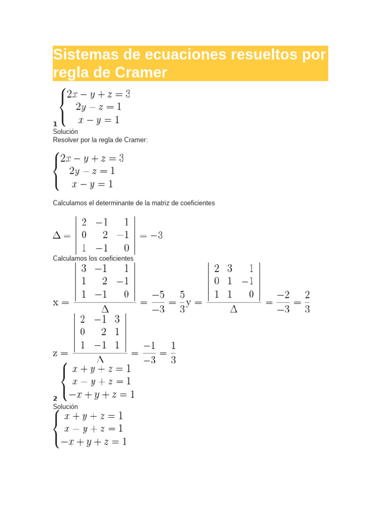 EJERCICIOS DE Sistemas de ecuaciones resueltos por regla de Cramer | PDF