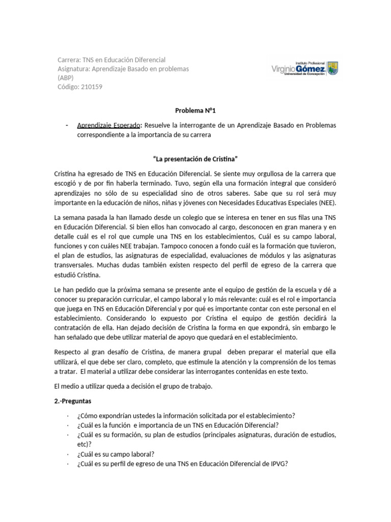Problema N°1 ABP-1 | PDF | Plan de estudios | Educación especial