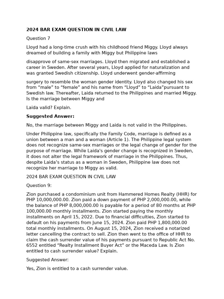 2024 Bar Exam Question in Civil Law | PDF | Will And Testament | Probate