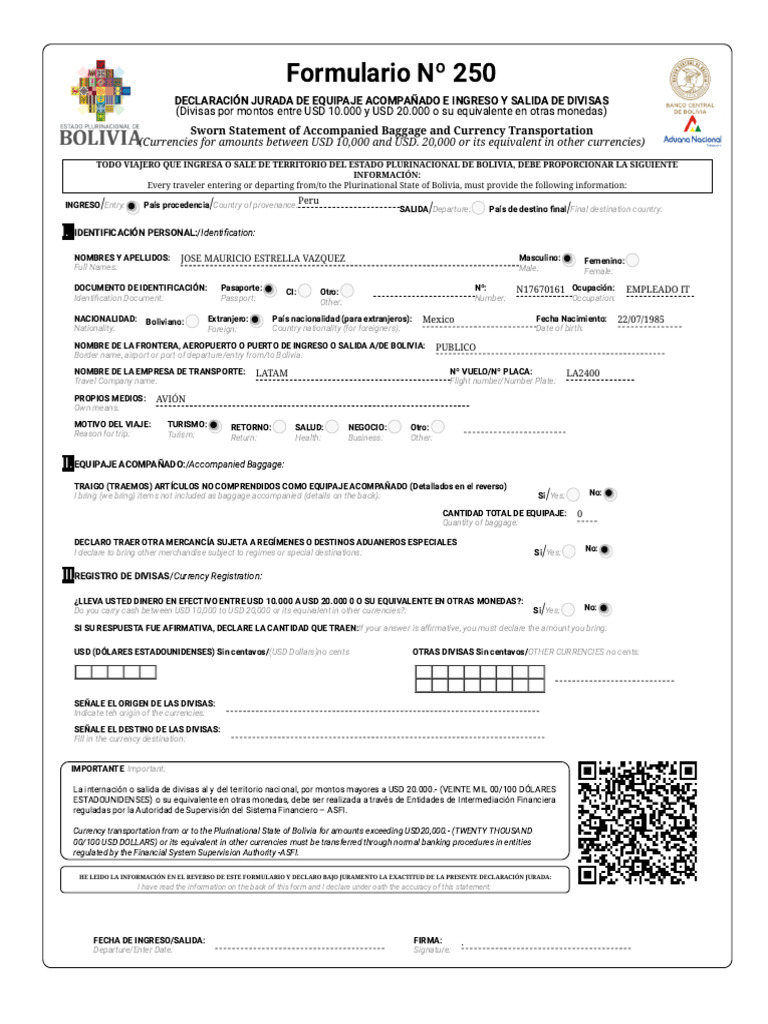 Formulario 250: Declaración Jurada Bolivia | PDF | Dólar de los Estados ...