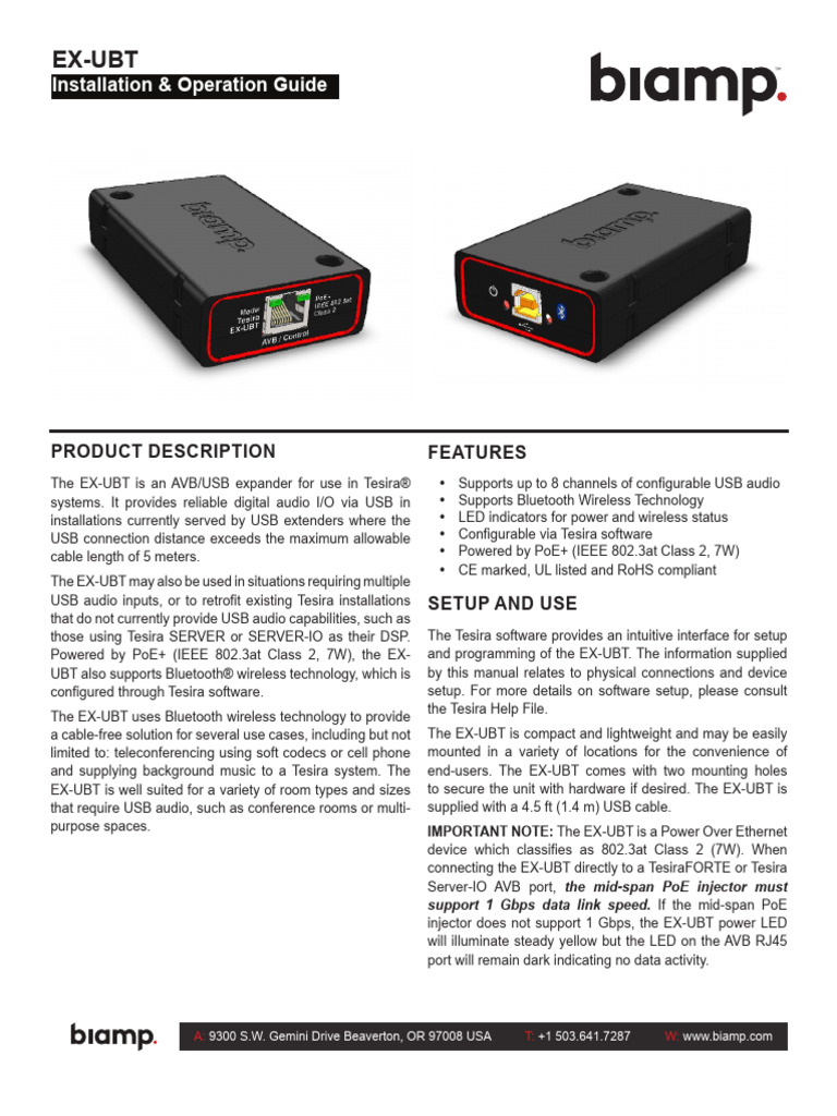 Tesira Ex Ubt Avb Usb Expander Operation Manual | PDF | Usb | Bluetooth