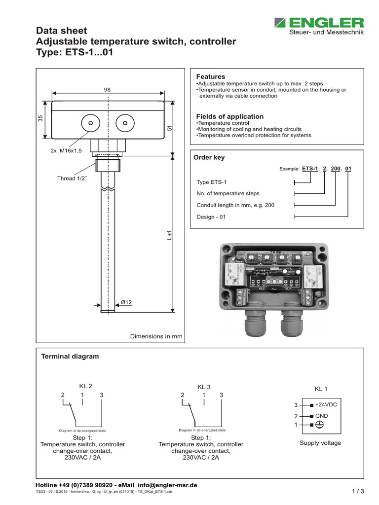 ETS-1 Adjustable Temperature Switch Data | PDF | Switch | Relay