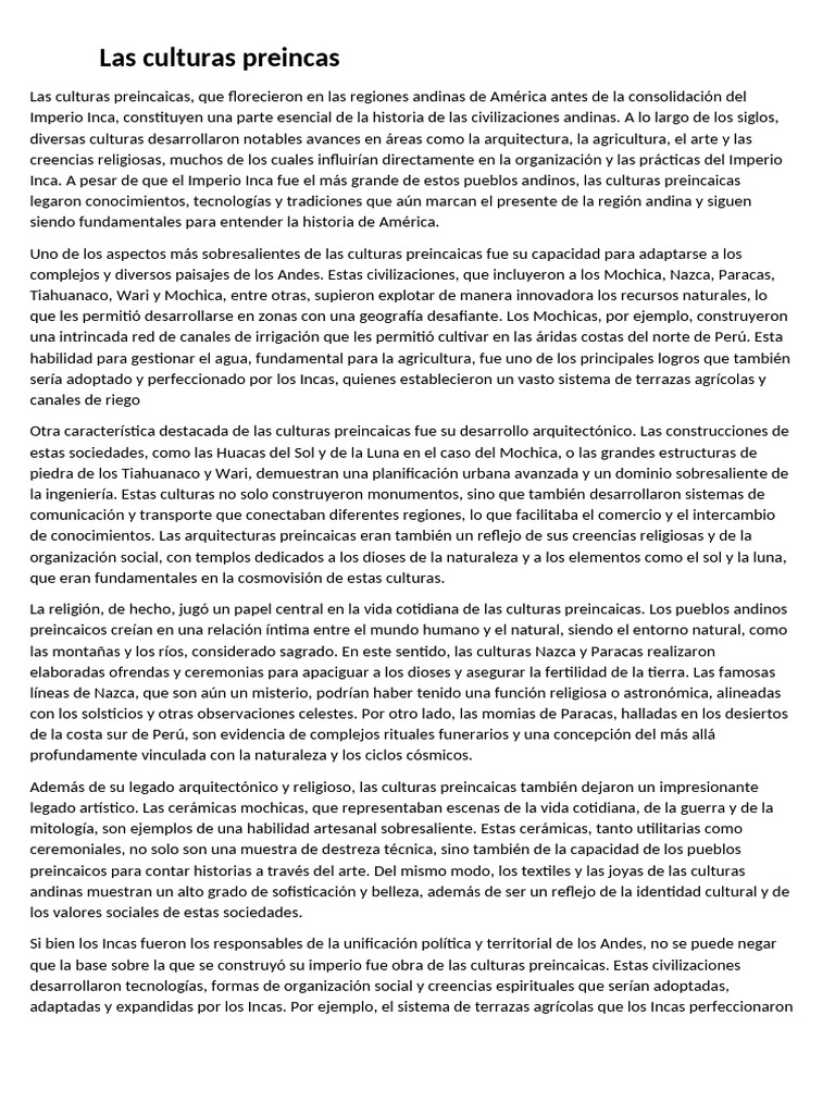 Culturas Preincaicas y su Legado | PDF | Imperio Inca