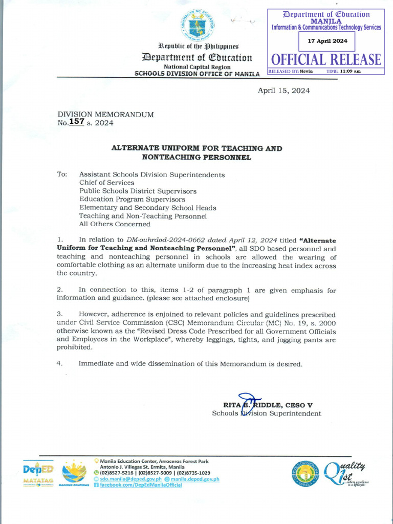 DM 157 S. 2024 Alternate Uniform For Teaching and Nonteaching Personnel ...