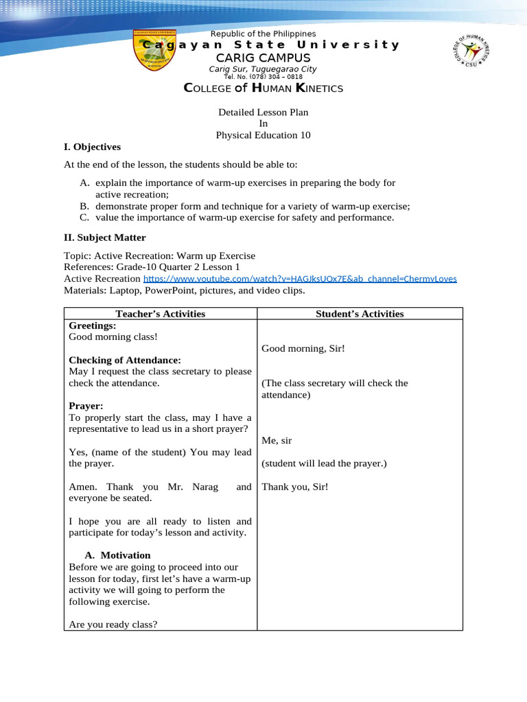 Detailed Lesson Plan 10 | PDF | Flexibility (Anatomy) | Aerobic Exercise