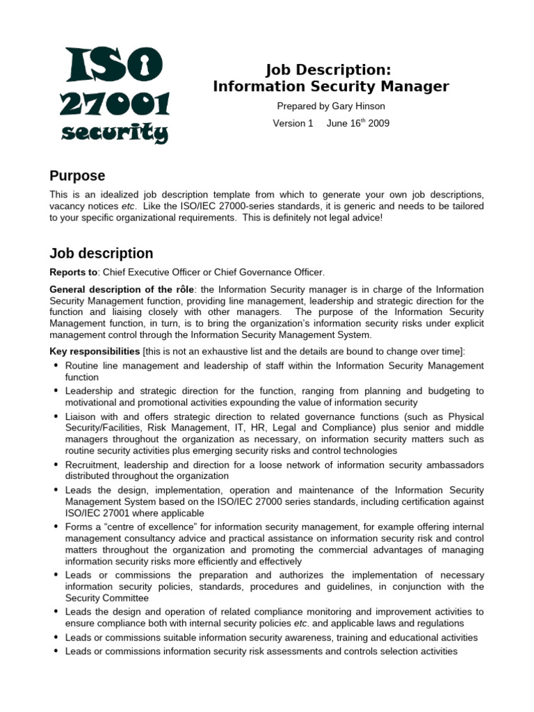 ISO27k Model Job Description For An ISM | PDF | Information Security ...