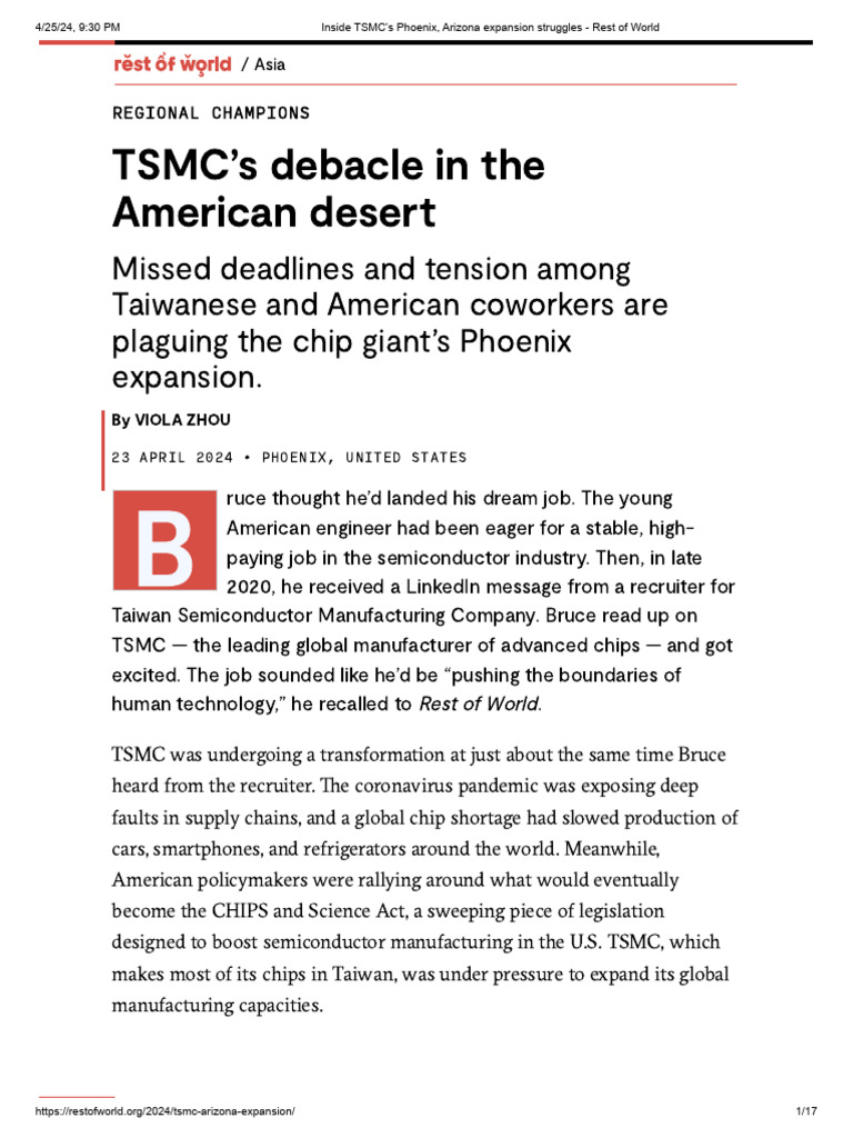Inside TSMC’s Phoenix, Arizona expansion struggles - Rest of World | PDF | Taiwan ...