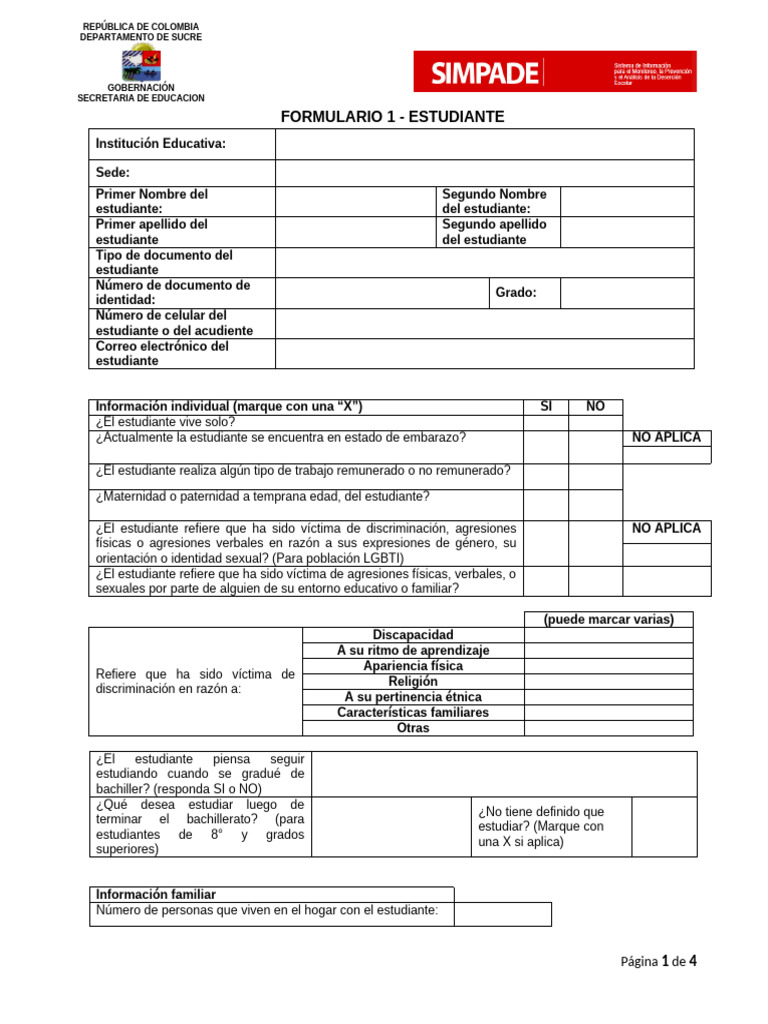 Simpade Formato 1 Estudiante 2022 | PDF | Discriminación | Educación de ...