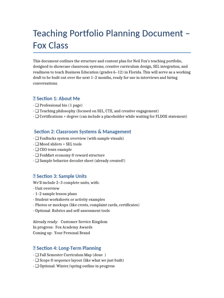 Teaching Portfolio Plan for Business Ed | PDF