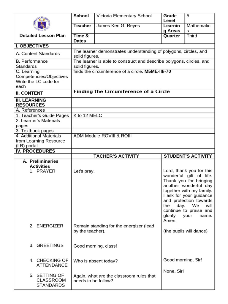 Detailed Lesson Plan 114243 | PDF | Circle | Pi