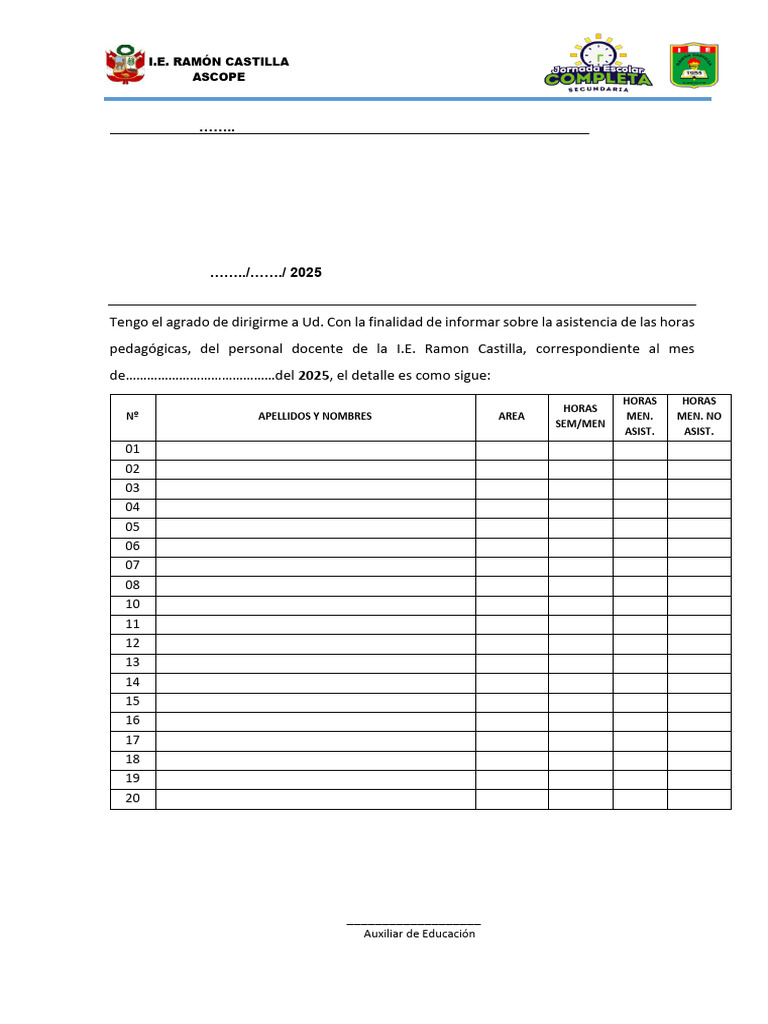 Modelo Informe Asist. Horas Pedagogicas | PDF