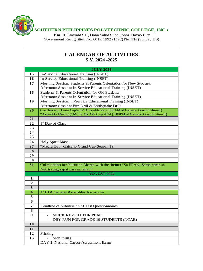 SPPCI Calendar of Activities 2024 2025 | PDF | Holidays | Observances