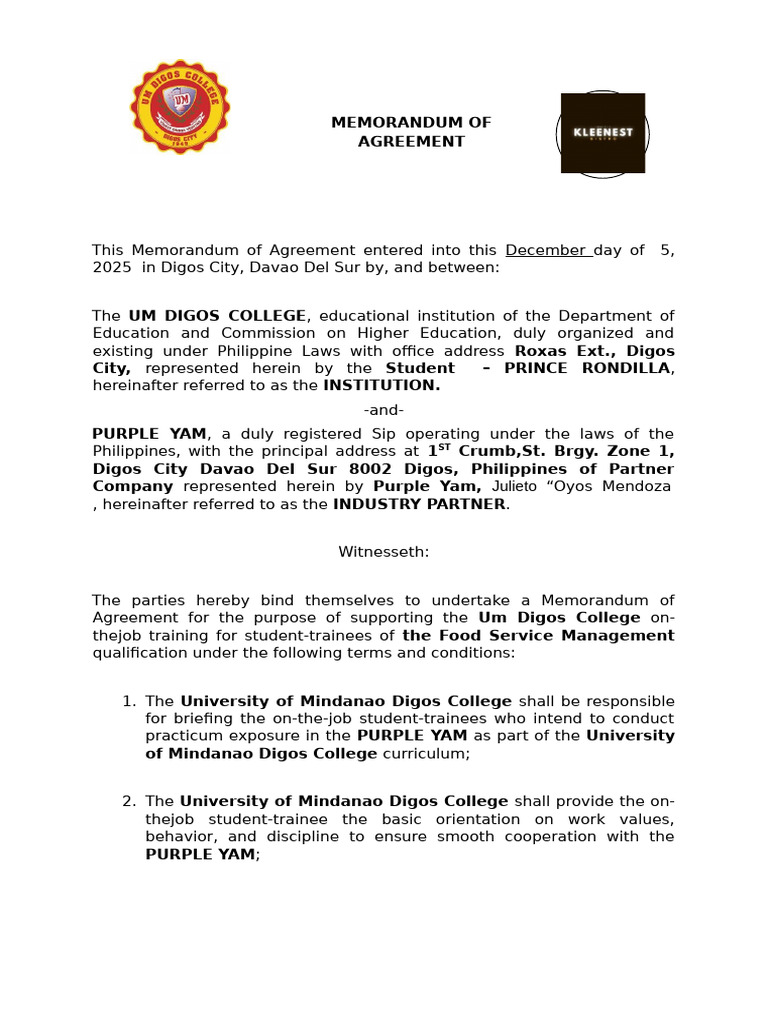 SWBL Memorandum of Agreement | PDF | Common Law | Private Law