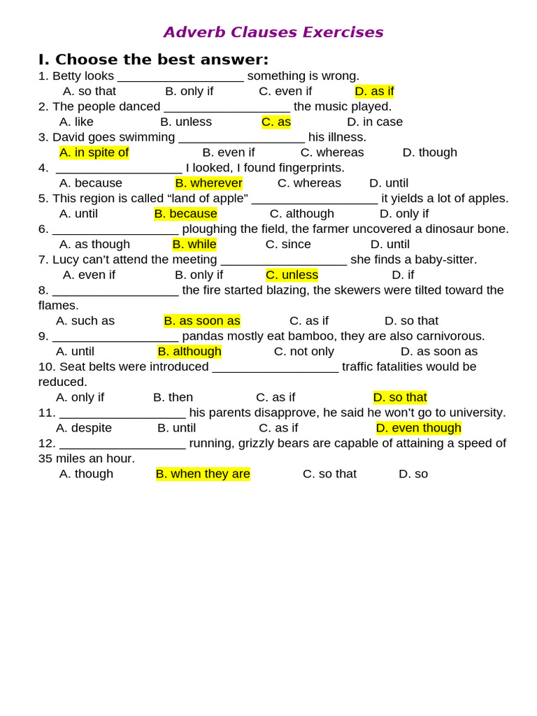Adverb Clauses Exercises | PDF