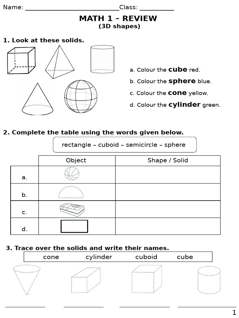 3D Shapes Review for Grade 1 | PDF | Vertex (Geometry) | Shape