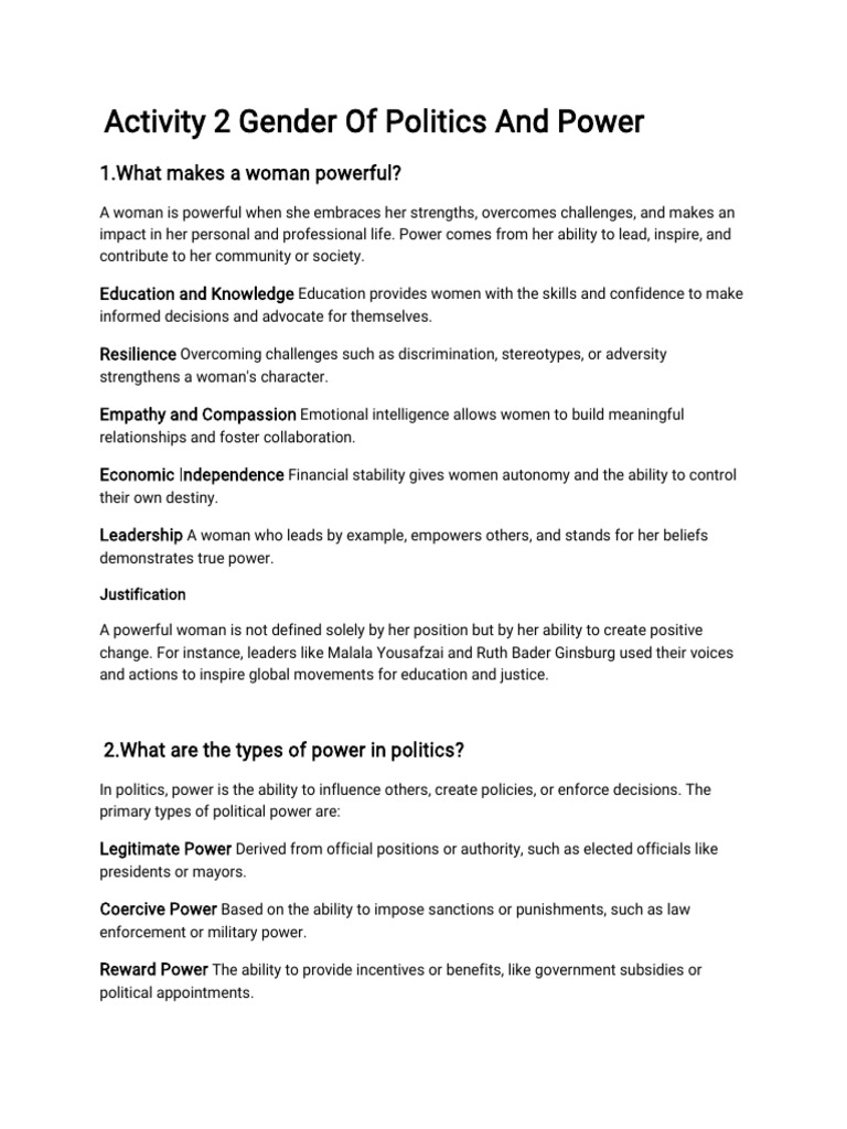 Activity 2 Gender of Politics and Power | PDF | Power (Social And ...