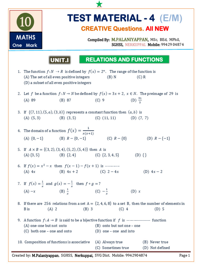 10th 1m. EM.test-4. Creative Qns | PDF | Function (Mathematics) | Circle