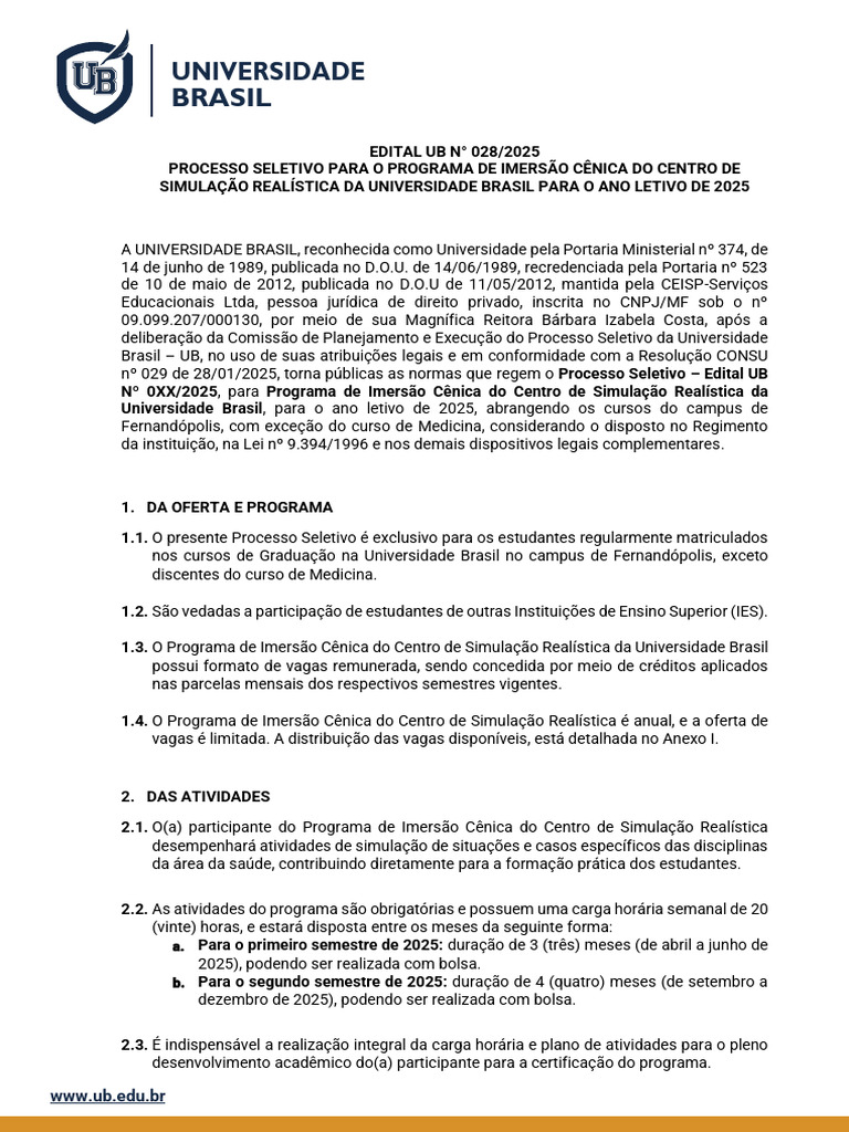 Edital - Ub - N - 028 2025 - Programa de Imersao Cenica Do Centro de Simulacao Realistica - VF ...