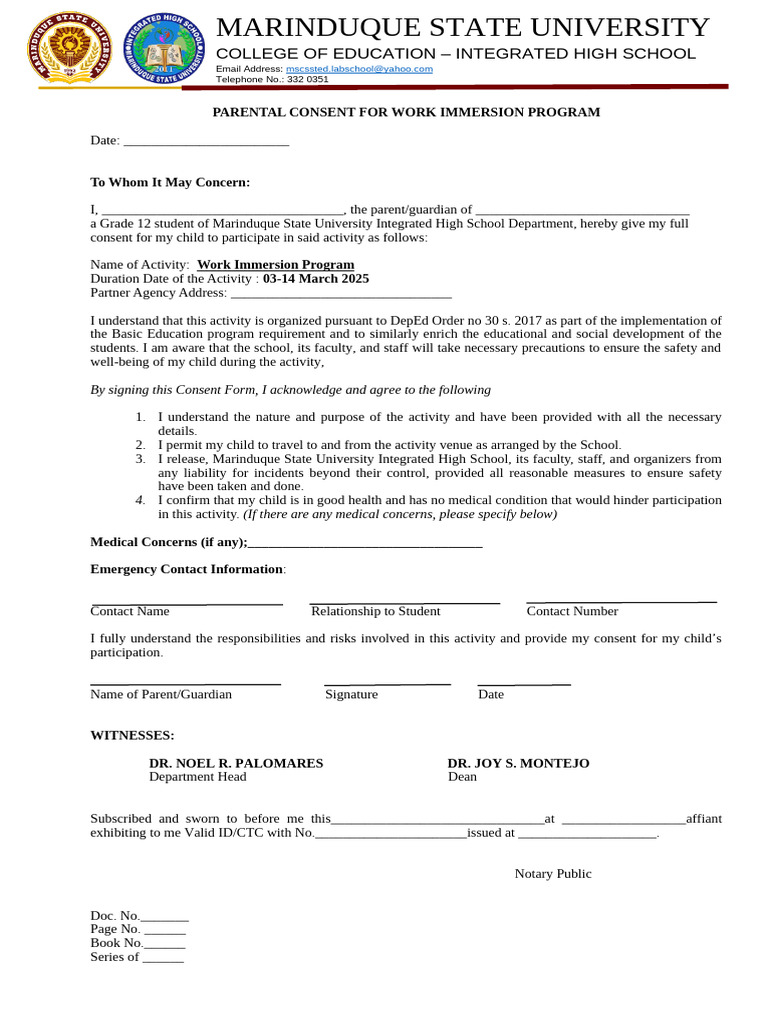 Parental Consent For Work Immersion Program | PDF | Consent