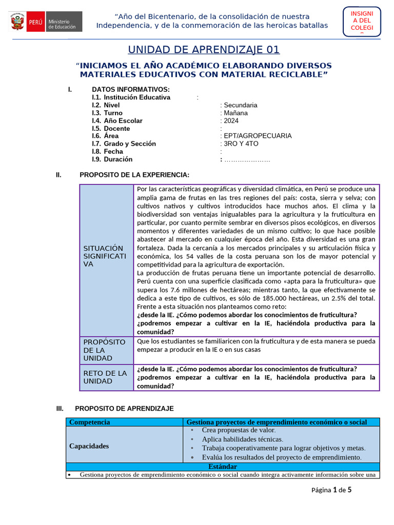 EPT AGROPECUARIA 3° 4° - UNIDAD DE APRENDIZAJE 01 | PDF | Aprendizaje | Iniciativa empresarial