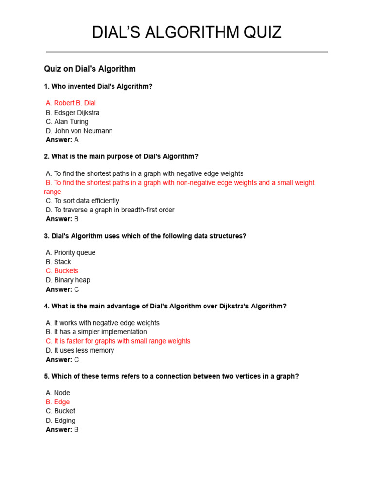 Dial's Algorithm Quiz With Ans Key | PDF | Discrete Mathematics | Graph Theory