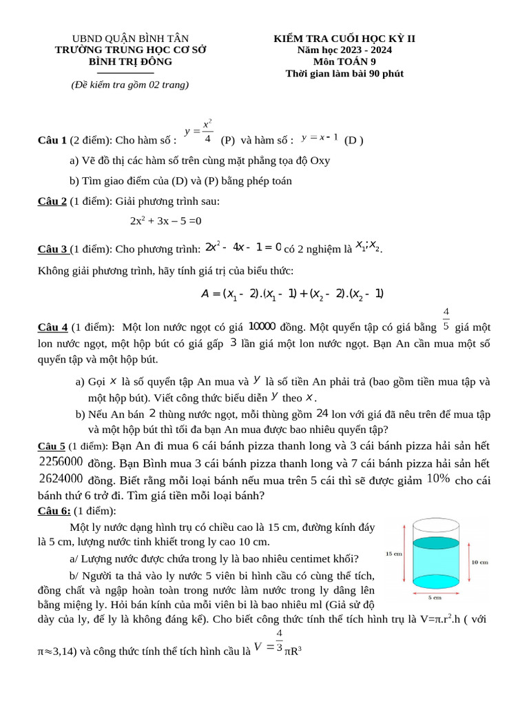 BTĐ - Toán 9 - HK2 - 23-24 | PDF