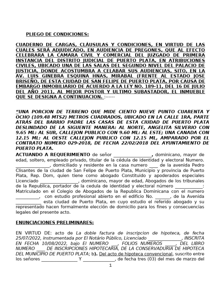 PLIEGO_DE_CONDICIONES EMBARGO TRABAJO UNIVERSIDAD | PDF | Subasta | Propiedad