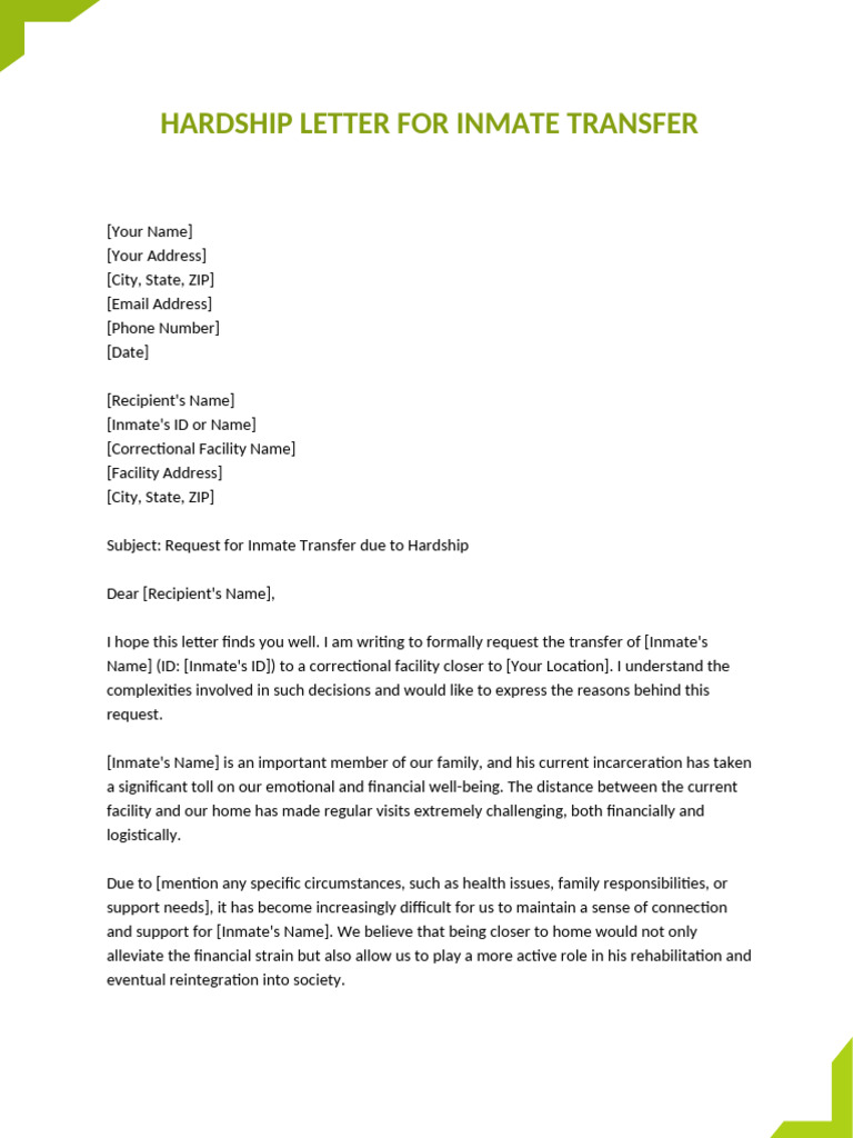Hardship Letter For Inmate Transfer | PDF