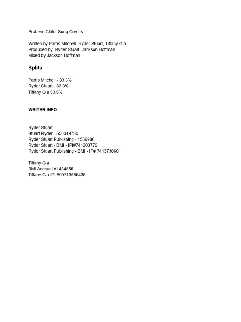 Problem Child - Song Credits | PDF