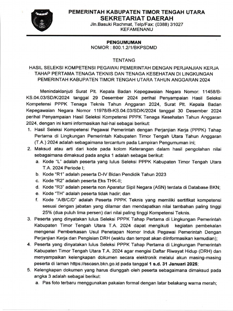 Pengumuman Hasil Seleksi Kompetensi PPPK Tahap I Tahun 2014 Untuk Tenaga Teknis Dan Tenaga ...