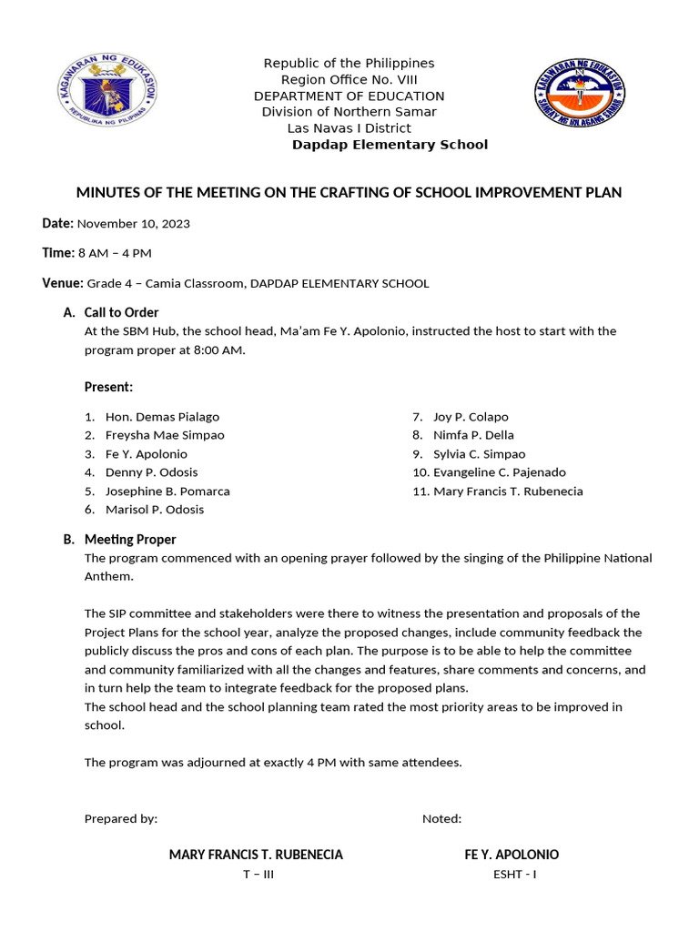 AIP Meeting Minutes for Dapdap School | PDF | Learning