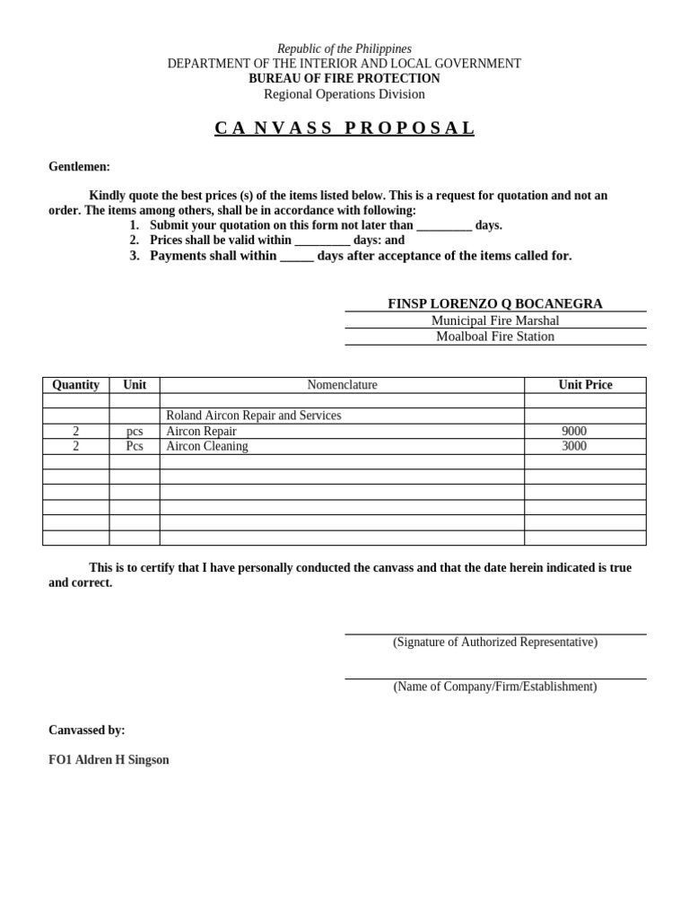 Canvass Proposal Form 3 | PDF