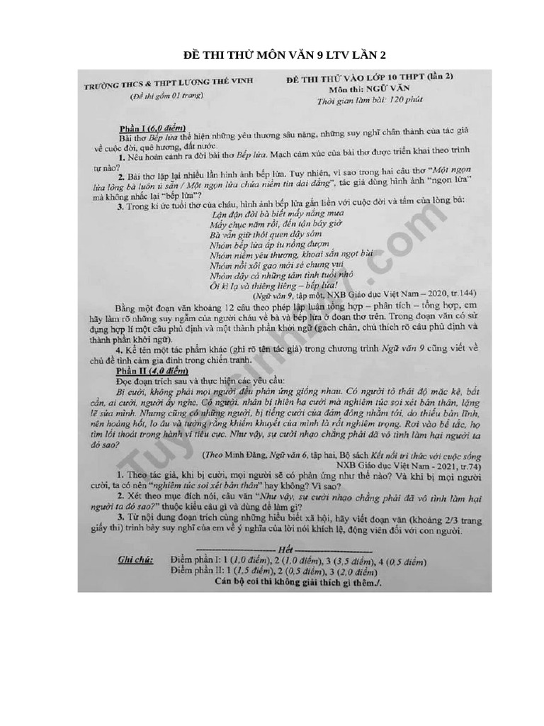 ĐỀ THI THỬ MÔN VĂN 9 LTV LẦN 2 | PDF