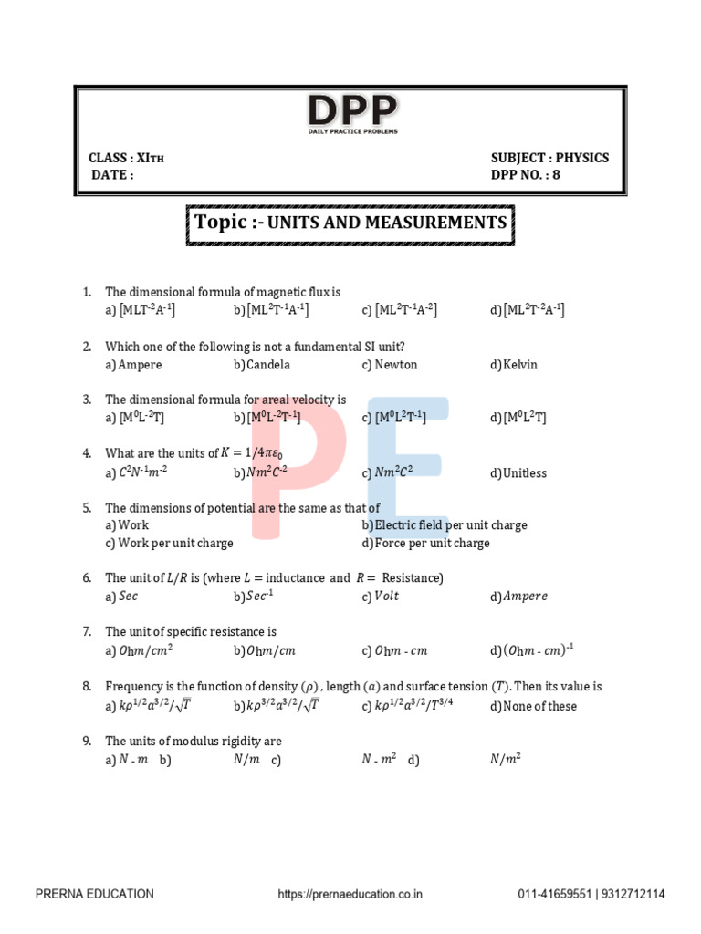 Units and Measurements DPP 8 Min | PDF | Pressure | Viscosity