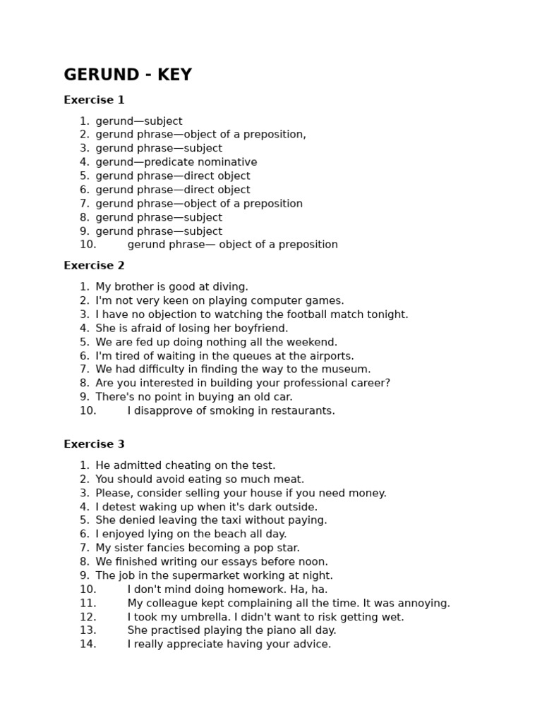 Gerunds - Worksheet 1 - KEY | PDF