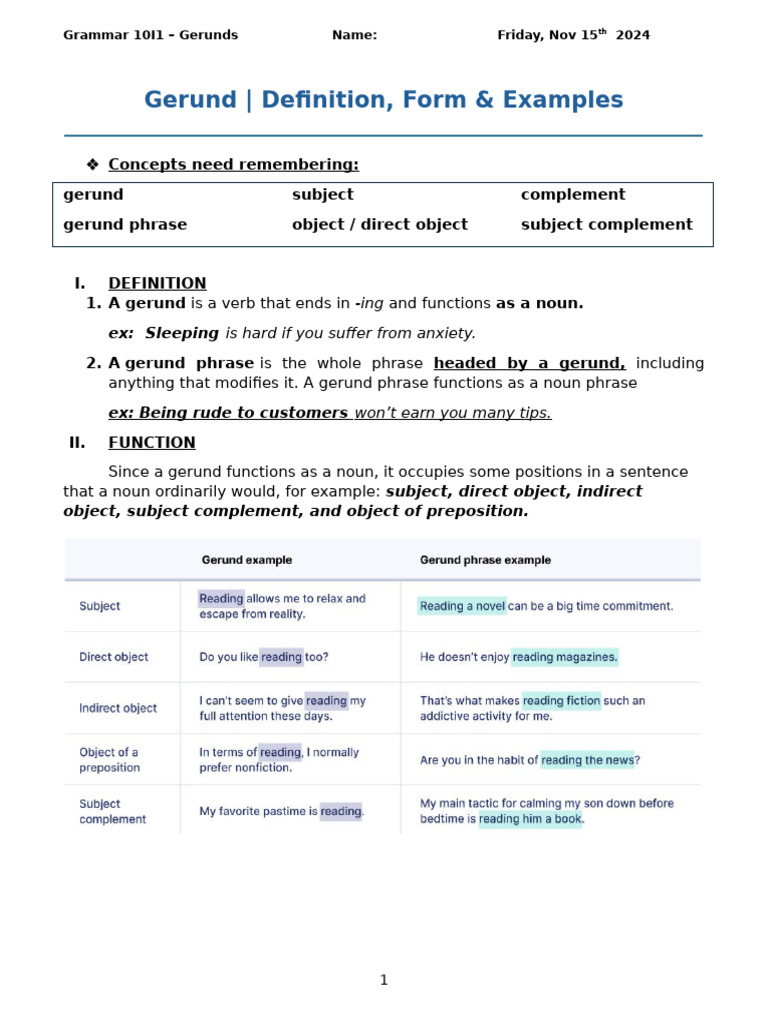 Gerunds - Handout | PDF | Object (Grammar) | Phrase