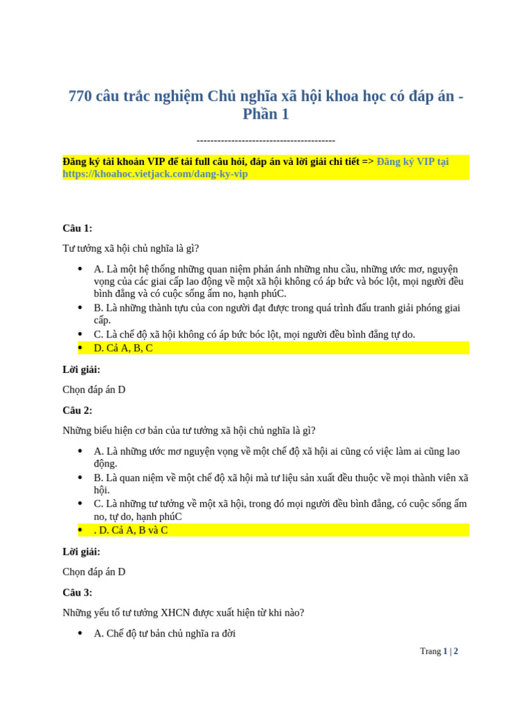 770 Cau Trac Nghiem Chu Nghia Xa Hoi Khoa Hoc Co Dap An Phan 1 - 2025 - 03 - 25 | PDF