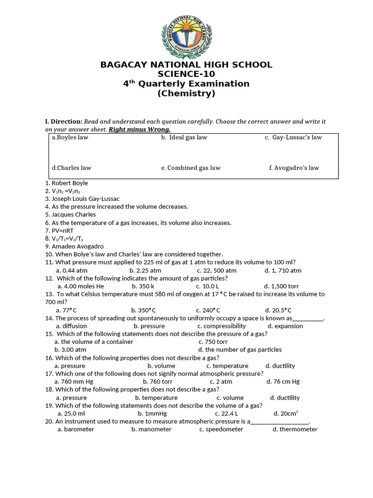 GRADE 10 Periodical Exam Chemistry | PDF | Gases | Pressure
