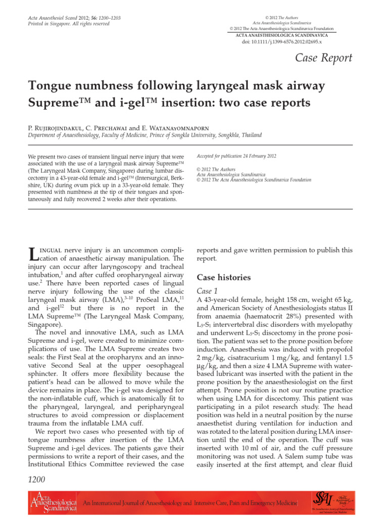 Acta Anaesthesiol Scand - 2012 - RUJIROJINDAKUL - Tongue Numbness ...
