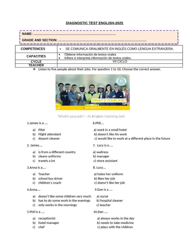 Diagnostic Test English-2nd Grade | PDF | Transport