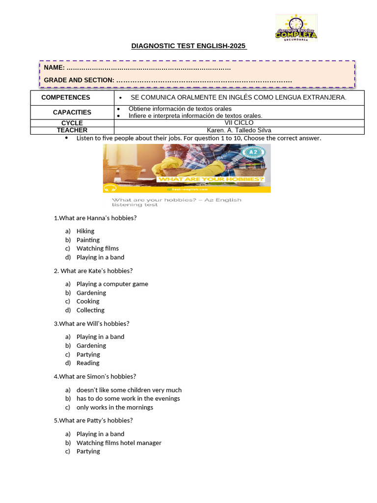 English Diagnostic Test 2025 | PDF