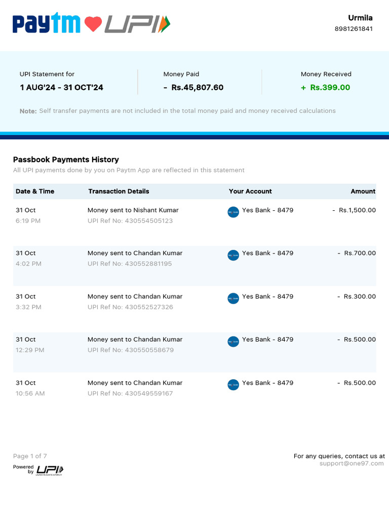 Paytm UPI Statement 01 Aug'24 - 31 Oct'24 | PDF | Financial Markets ...