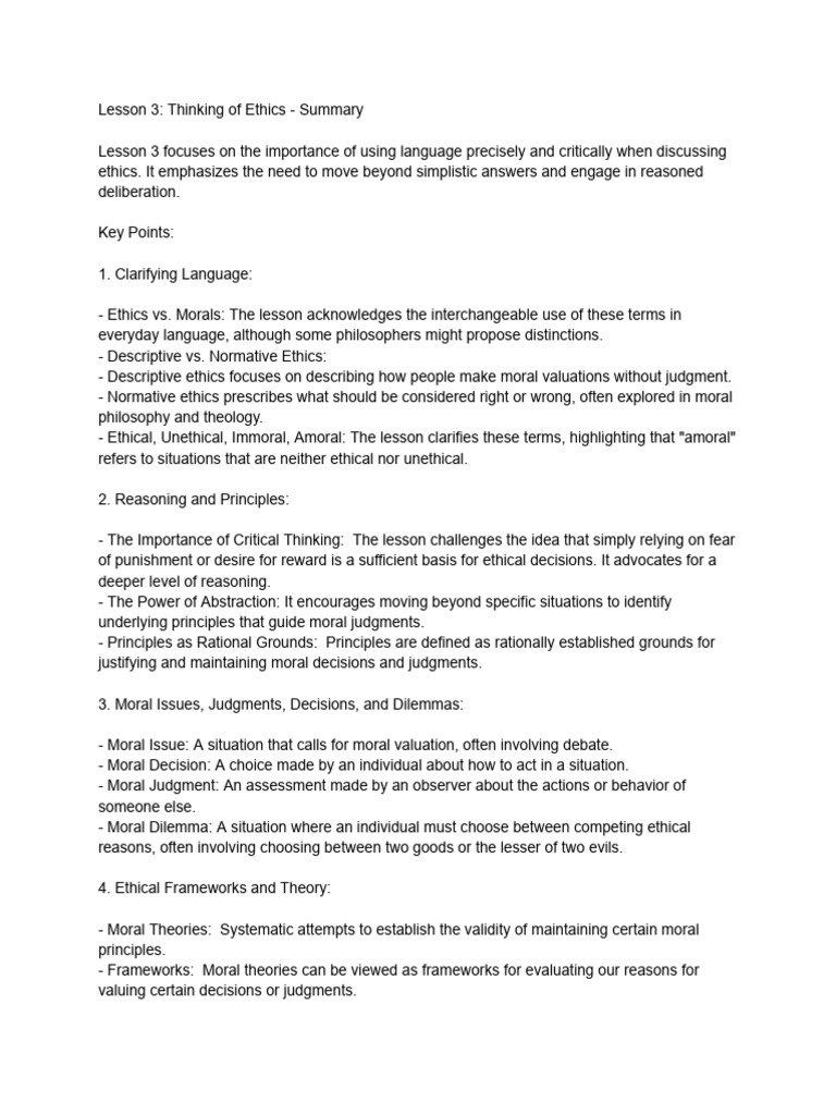 Lesson 3 - Thinking of Ethics - Summary | PDF | Morality | Reason
