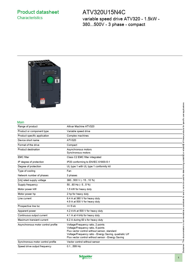 ATV320U15N4C Variable Speed Drive Datasheet | PDF | Relay | Analogue ...