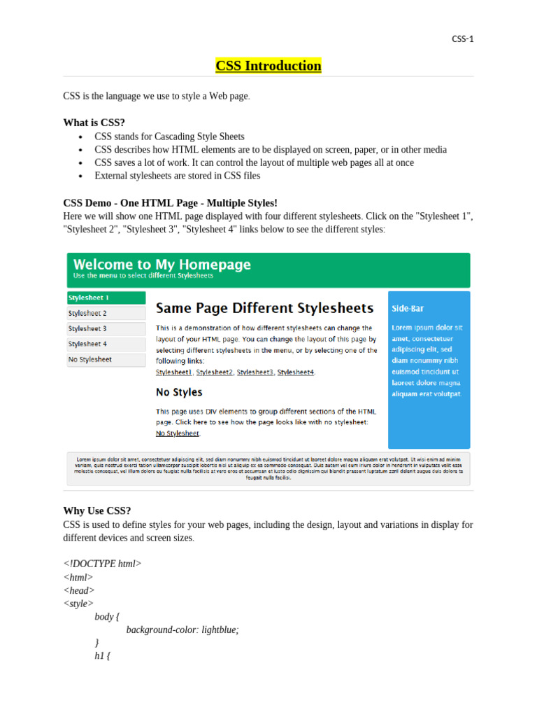What Is CSS?: Body (Background-Color: Lightblue ) h1 ( | PDF | Html | Software Engineering