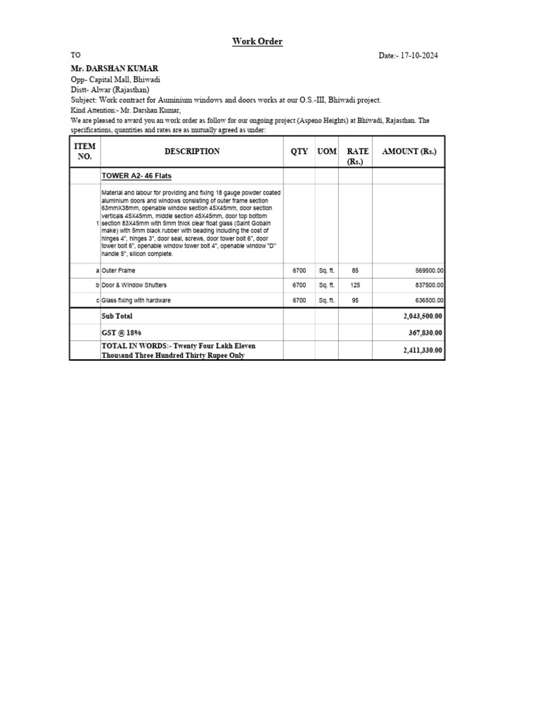 DARSHAN KUMAR A2 WORK ORDER 46 FLATS | PDF