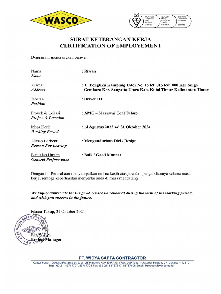 Pengalaman kerja-PT WASCO-Riwan | PDF