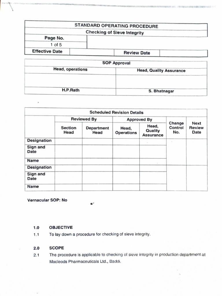 SOP OF SIEVE INTEGRITY | PDF | Business Process | Quality