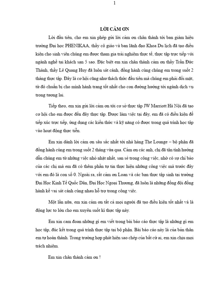 Bai Bao Cao Thuc Tap Tot Nghiep Tai Jw Marriott Ha Noi Khoa Du Lich Tr 132890 | PDF