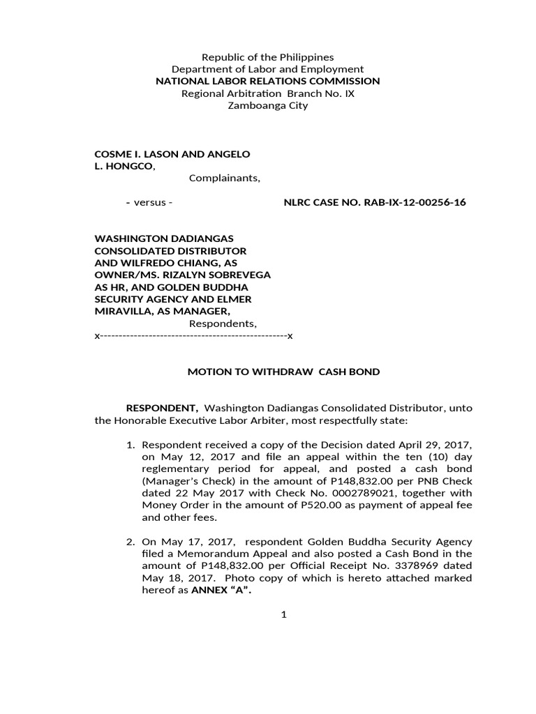 Motion to Withdraw Cash Bond NLRC Case | PDF | Private Law | Business